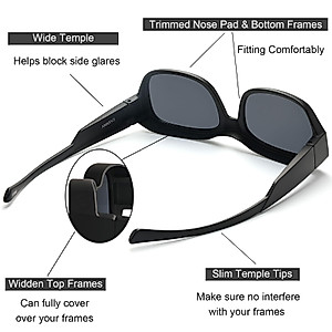 CAXMAN Fit Over Glasses Sunglasses for Women and Men Polarized & 100% UV Protection Rounded Rectangle Frames Matte Black