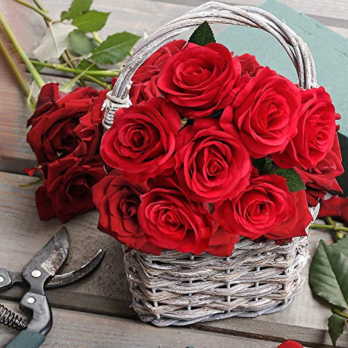 Mocoosy 12 PCS Red Rose Artificial Silk Flowers, Fake Roses with Long Stems Realistic Faux Rose Flower Bouquets for Wedding Decorations Bridal Shower Centerpieces Arrangement Party Home Table Decor