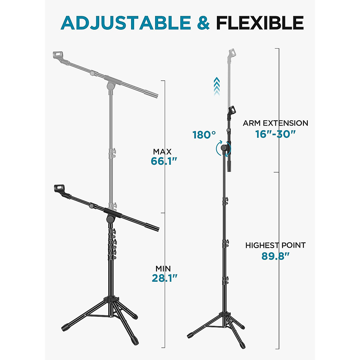 InnoGear Microphone Stand, Tripod Boom Arm Floor Mic Stand Height Adjustable Heavy Duty with Carrying Bag 2 Mic Clips 3/8" to 5/8" Adapter for Singing Podcast for Blue Yeti Shure SM58 SM48 Samson Q2U