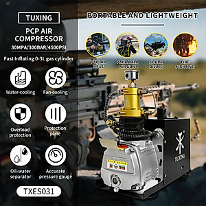 TUXING Pcp Air Compressor,4500Psi/30Mpa/300Bar Scuba Compressor, Manually Shutoff Electric Compressor with Water/Fan Dual Cooling System for Pcp Air Rifle, Scuba Tank Charging
