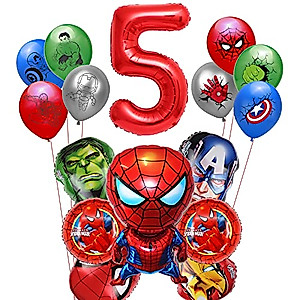 16PCS Superhero Birthday Party Balloons Spider Foil Balloons，Children's Superhero Theme 5th Birthday Party Decorations (5 Years old)