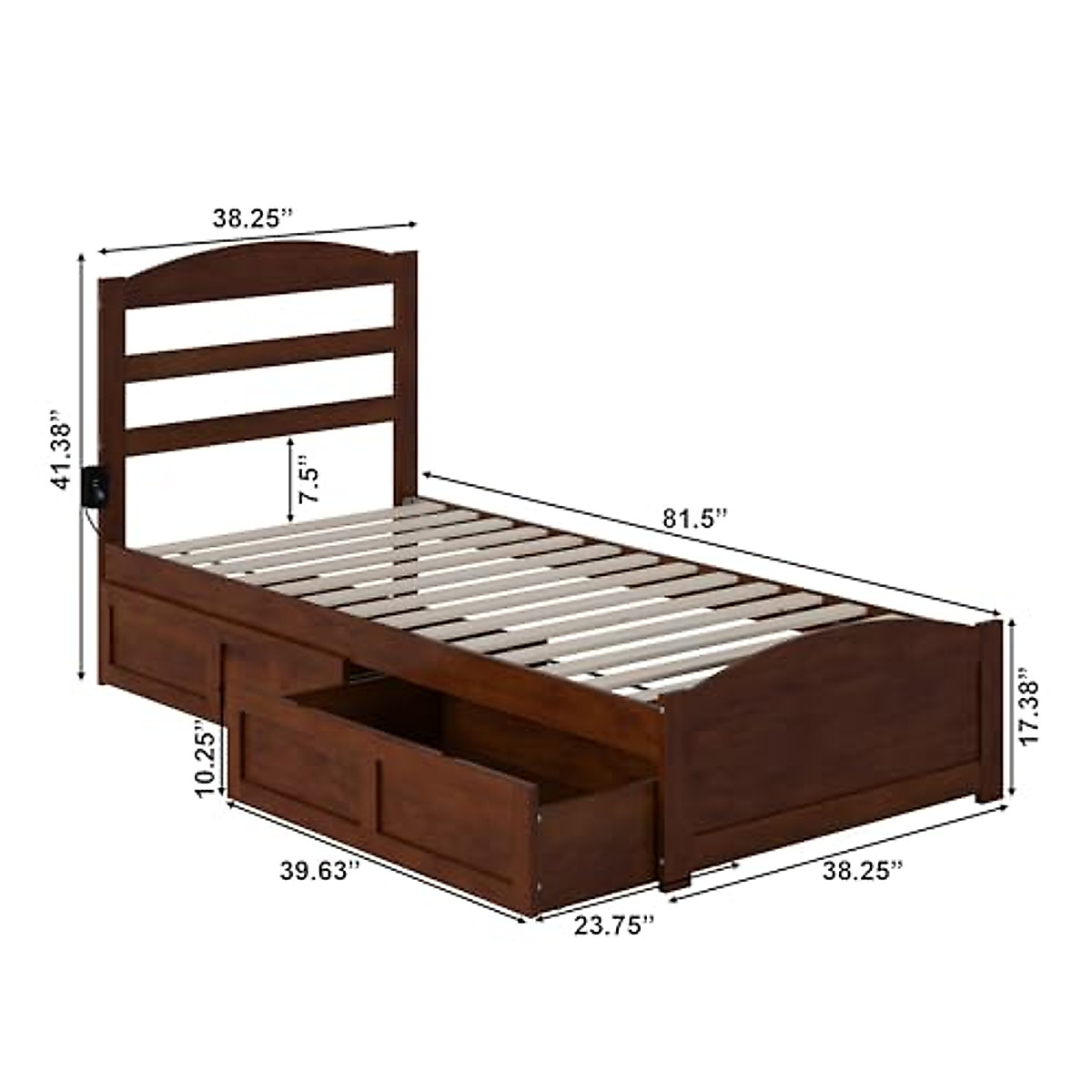 AFI Warren Twin XL Size Platform Bed with Footboard, Storage, & Charging Station in Walnut