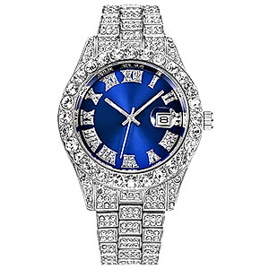 LGXIGE Mens Ice Out Watches Big Rocks with Roman Numerals Fully Colorful Dial Gold Watch (Silver Band Blue)