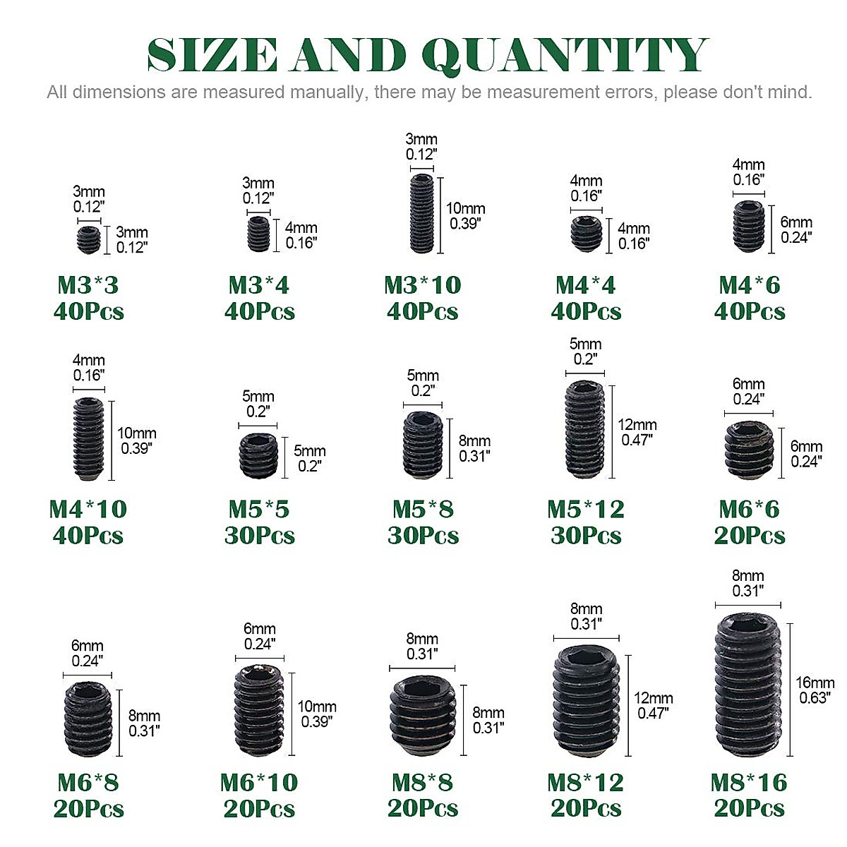 Keadic 450Pcs Internal Hex Drive Cup-Point Screws Assortment Kit, 15 Sizes Alloy Steel Hex Socket Set Cap Point Grub Screws, Socket Head Cap Screws Grub Screws, Metric, Black (M3 M4 M5 M6 M8)