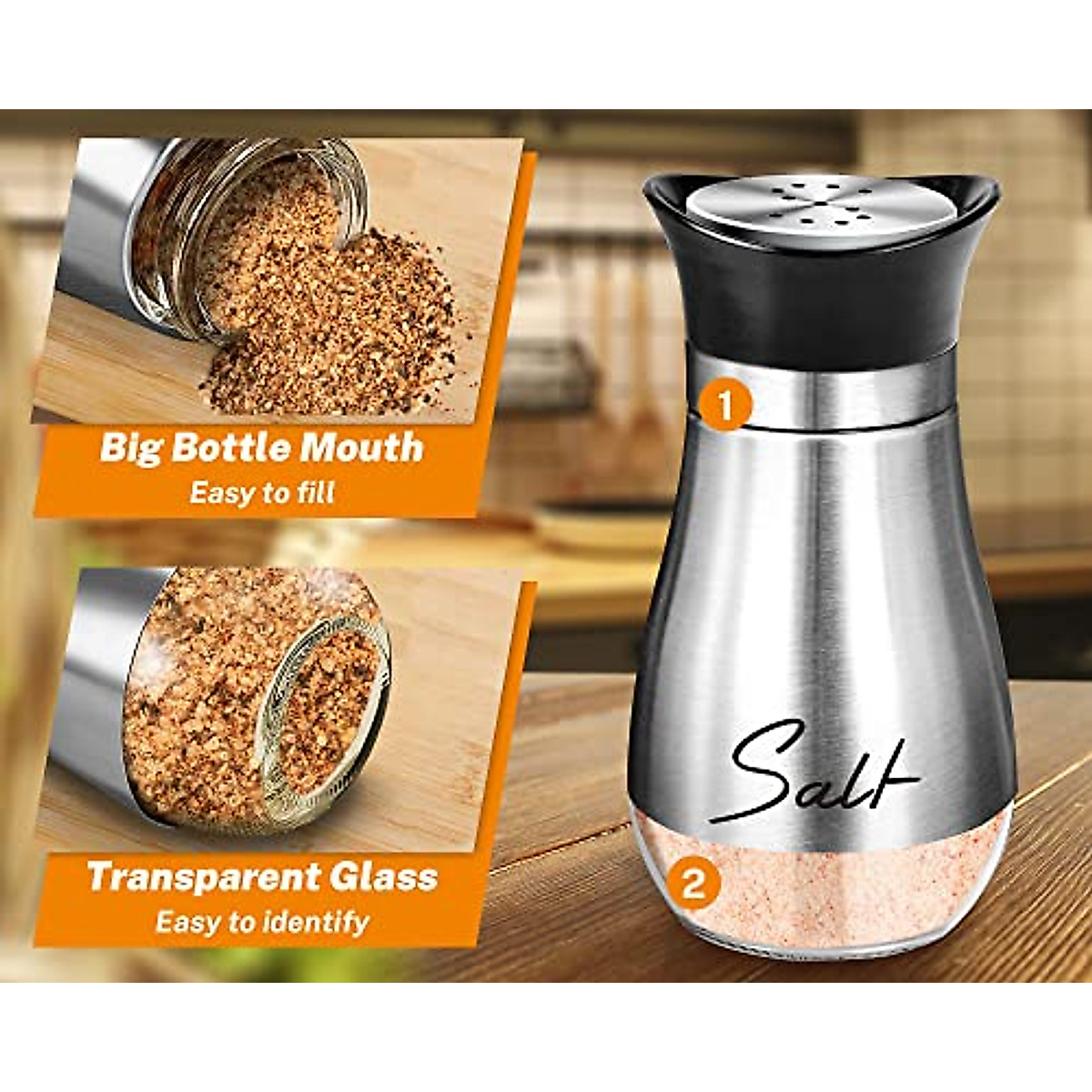 Salt and Pepper Shakers Set,4 oz Glass Bottom Salt Pepper Shaker with Stainless Steel Lid for Kitchen Cooking Table, RV, Camp,BBQ Refillable Design (Sliver)