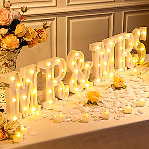 6 Pcs Mr and Mrs LED Sign 12 Pcs Flameless LED Candles 300 Pcs Artificial Rose Petals Neon Mr and Mrs Sign for Wedding Table Heart Romantic Candles Light up Letters for Romantic Night Decor (White)
