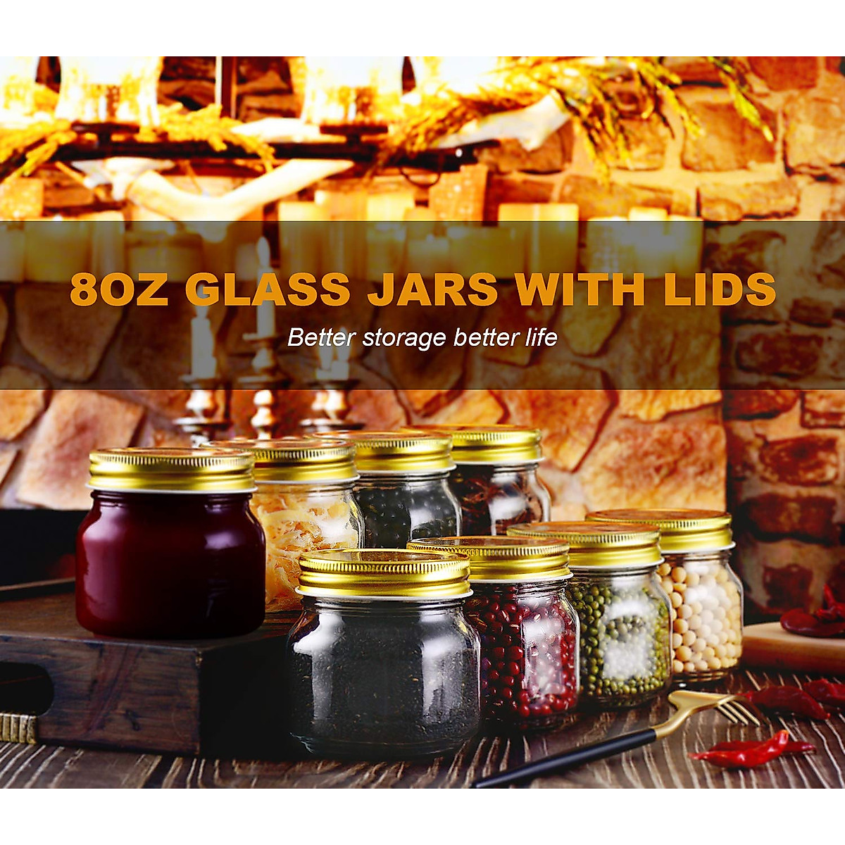 Rainforce Mason Jars 8 oz 30 Pack- Small Mason Jars With Gold Lids -1/4 Quart Canning Jars| Storage Pickling Jars For Jelly, Jam, Honey, Pickles - Spice Glass Jars - With 30 Chalkboard Labels