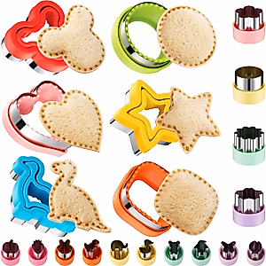 20Pcs Sandwich Cutter and Sealer Set for Kids, Decruster Maker Holiday Heart Cookie Cutters Fruit Vegetable Shapes Boys & Girls Bento Lunch Box with Mickey Mouse Dinosaur Star, etc