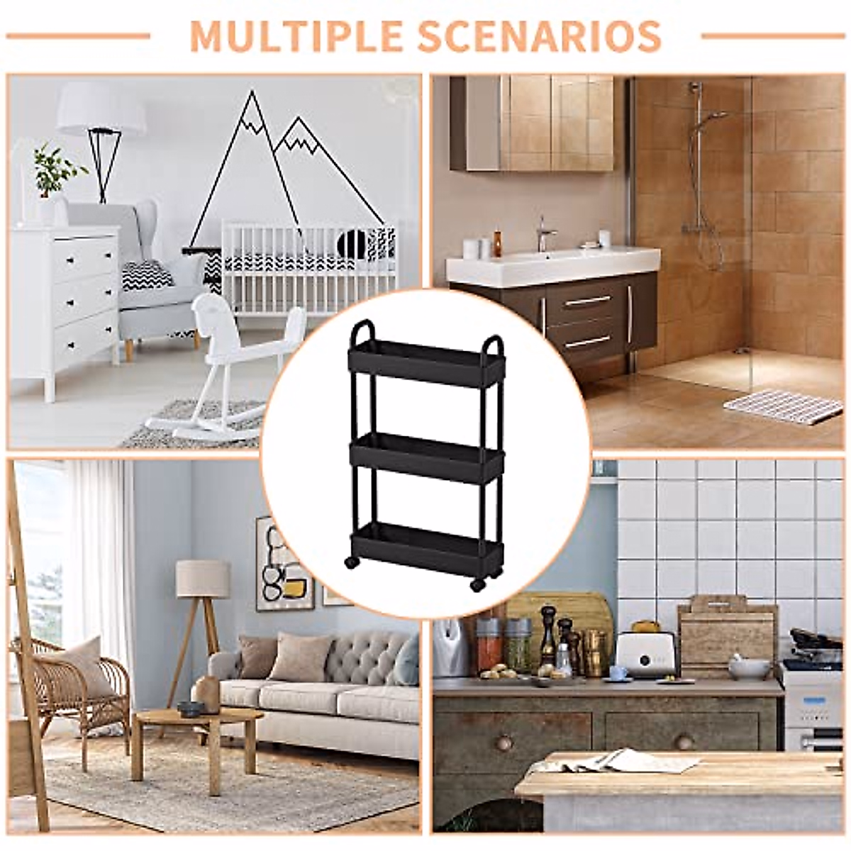 AntDesign Slim Storage Cart, 3-Tier Organizers Mobile Shelving Unit Utility Cart Tower Rack for Bathroom Laundry Narrow Places (Black)