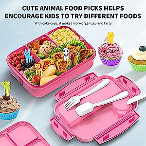 Bento Box, Lunch Box Kids, Bento Lunch Box for Kids/Toddler/Adults, 1300ML-4 Compartment Bento Box Adult Lunch Box w/Food Picks Cake Cups, Built-in Utensil Set, Leak-Proof, Food-Safe Materials(Pink)