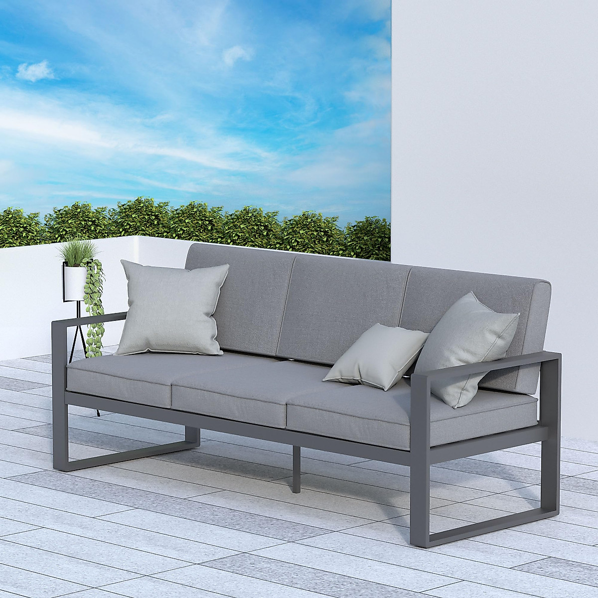 May in Color Aluminum Patio Furniture Sofa, Outdoor Modern Metal Contemporary 3-Seat Couch Chair with Cushion, Grey