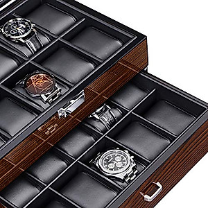 BEWISHOME Watch Box 20 Slots Watch Case for Men - Luxury Watch Organizer with Glass Top,Smooth Faux Leather Interior, Brown SSH04Y