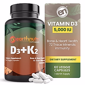 EarthNutri Vitamin D3 K2 Supplement 5000 IU – Includes K2 from MENA Q7, D3 from Vitashine, Calcium from Aquamin & 72 Trace Minerals – for Immune, Bone & Heart Health – Non-GMO – 60 Veg Capsules