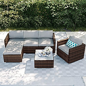 SUNBURY 6-Piece Outdoor Sectional Interwoven Wicker Sofa Patio Furniture Set w 3 Blue White Plaid Pillows, Tempered Glass Coffee Table for Backyard