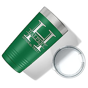 Personalized 20oz (17 Colors) Powder Coated Insulated Stainless Steel Tumbler with Lid, Custom Etched, Customized Engraved Gift Idea for Women Men Her Him, Halpert Monogram Initial Name (Green)