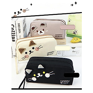 KGJGFX Doubel Layer Large Capacity Pencil Case with Embroidered Cats Grid Compartment of Pen Slots in Black & White Pen Holders Pen Pouch (Beige Cat with 3 Layers)