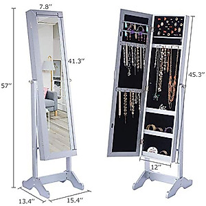 DECOMIL Jewelry Cabinet With Mirror, LED Lights, Jewelry Armoire Organizer with Mirror, Large Storage 57" Tall Mirrored Armoire Box, Modern, Pure White