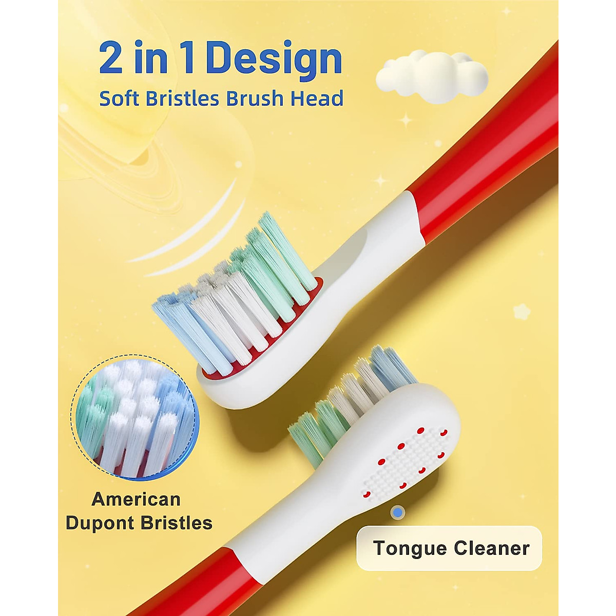 JTF Kids Electric Toothbrush-for Ages 3-12, Rechargeable Electric Toothbrushes, Wireless Fast Charge & Long Battery Lasting for 60 Days,with Smart Timer 3 Modes & 2 Kids Size Brush Heads, Red…