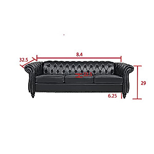 YOCWO Chesterfield Sofa Leather, 84" Upholstered Tufted Couch 3 Seater with Rolled Arms and Nailhead for Living Room, Bedroom(Black)