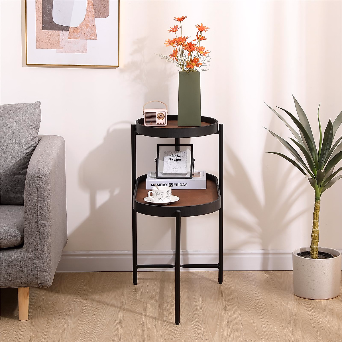 Modern 2-Tier Side Table Black Metal Frame with Wood & PU Tray End Tables Sofa Table for Living Room, Bedroom, Sofa Couch, Hall
