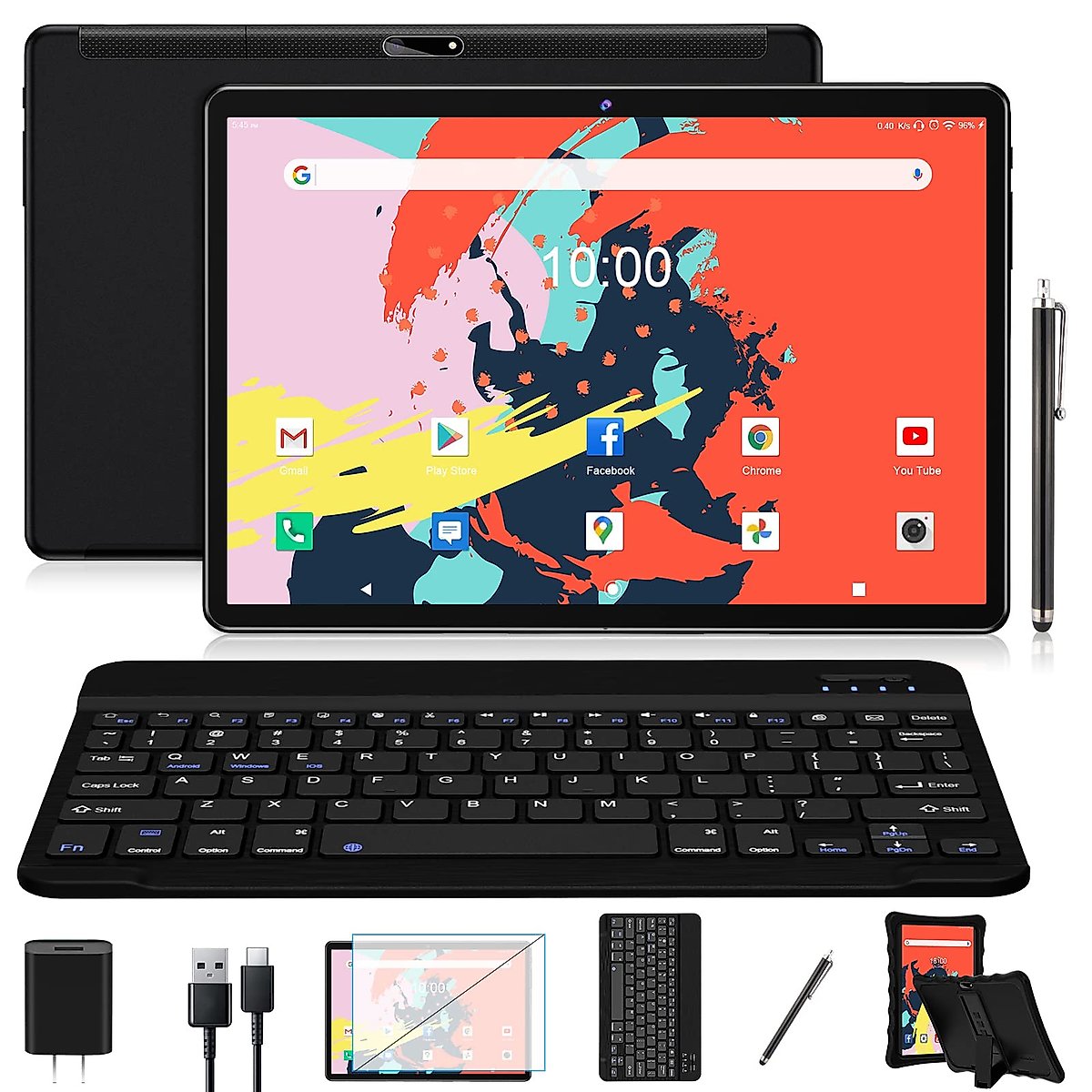 𝟮𝟬𝟮𝟒 𝗟𝐚𝐭𝐞𝐬𝐭 Tablet 10.1" Octa-Core Android 11 Tablet, 64GB Storage Tablet with Keyboard, Stylus Pen, Dual 13MP+5MP Camera, WiFi, Bluetooth, GPS, 512GB Expand Support, IPS Full HD Display