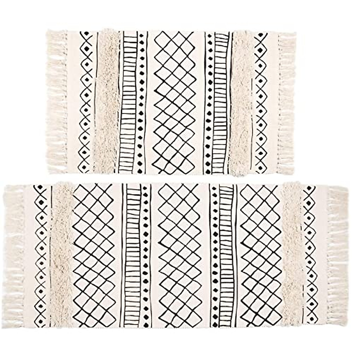 SHACOS Tufted Cotton Area Rugs Set of 2 Woven Cotton Rug Runner Set with Tassels Washable Boho Farmhouse Throw Rug for Kitchen Bathroom Bedroom Laundry Room (2x3'+2x4'4", Tufted Geometric)