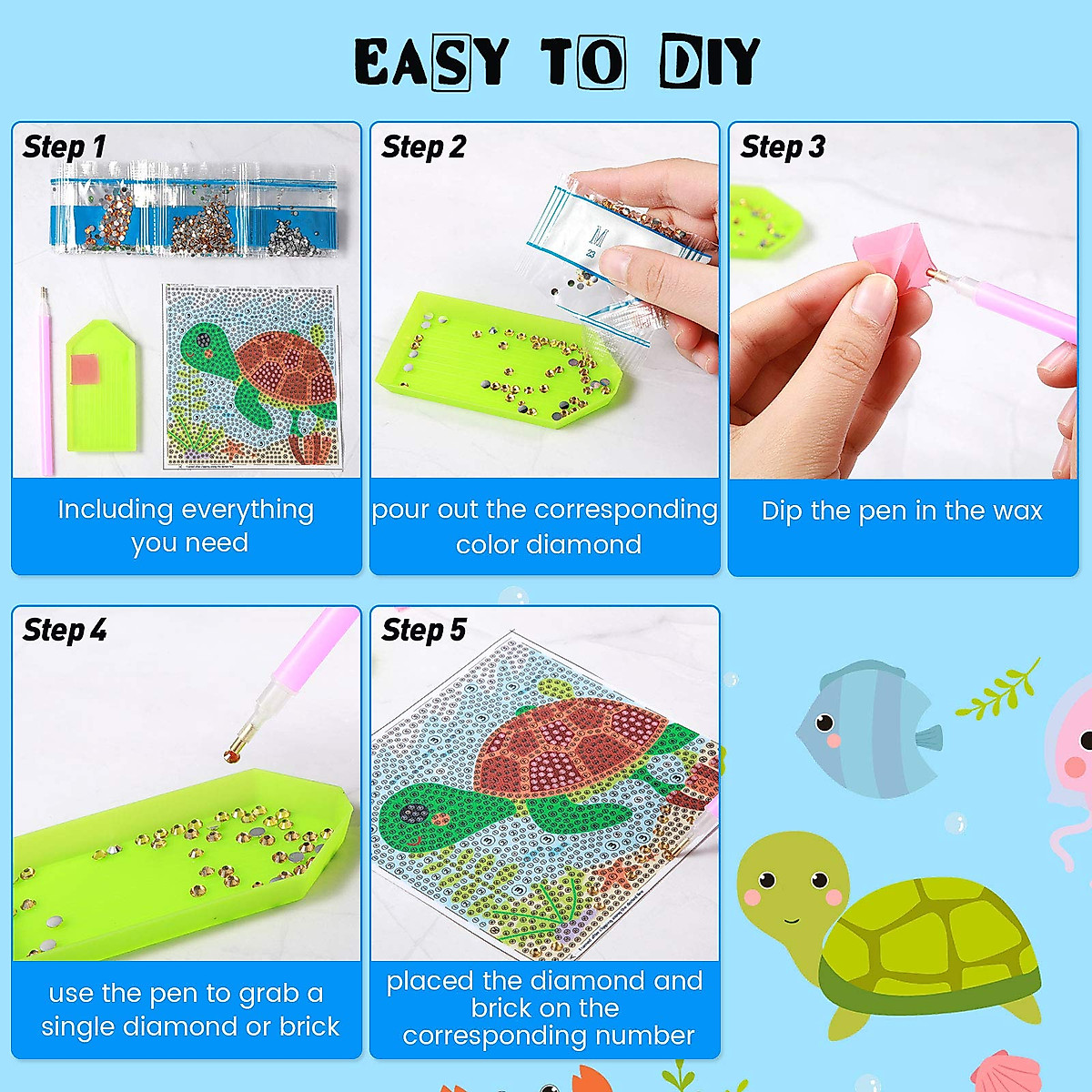 4 Packs 5d Painting Kit for Kids Diamond Painting Drill Painting by Number Kits Kids Diamond Arts Crafts for Home Wall Decor (Turtle Panda Whale Owl)