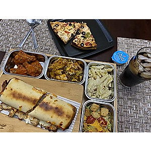 VERSACHOP Quattro - Totally natural organic bamboo cutting board with included stainless steel lunch boxes with airtight lids and serving tray. Perfect for meal prep, storage and organization.