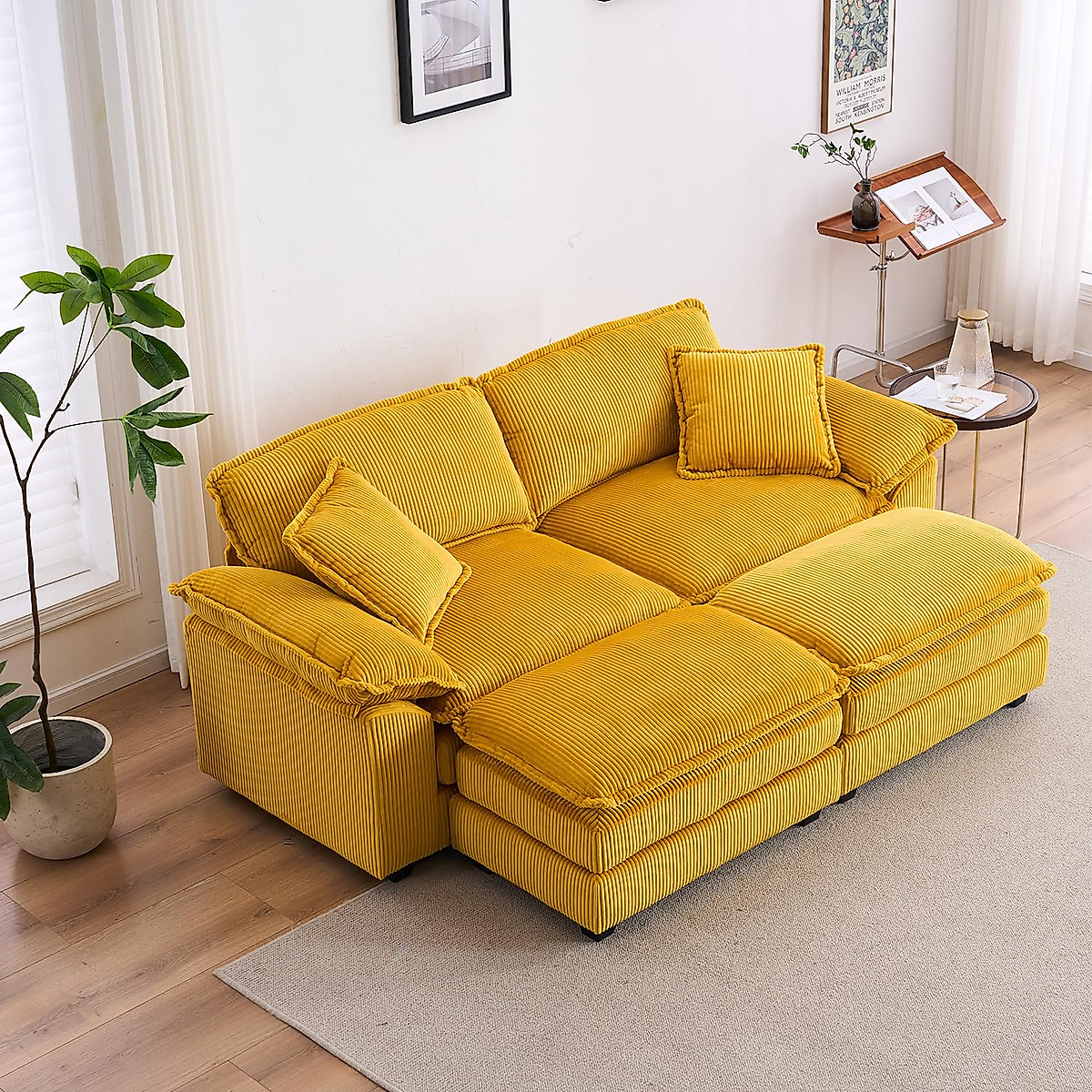 Corduroy Sectional Couch, 84“ Width Oversize Loveseat Sofa, Comfy Plush Cloud Couch Lounge Chair with Ottomans and 2 Pillows for Small Spaces, Living Room, Bedroom, Office Easy to Install (Yellow)