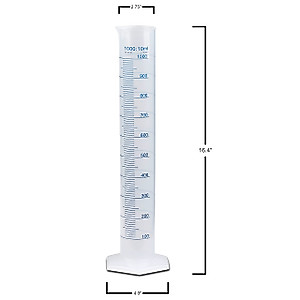 1000ml Plastic Graduated Cylinder, Printed and Molded Graduations, Single Metric Scale, Polypropylene, Karter Scientific 237O2 (Single)