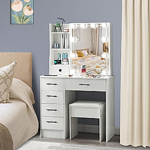 Makeup Vanity Desk with Mirror and Lights, White Vanity Table with Storage Drawers, Lighted Vanity Set with Chair/Stool, Girl's Dressing Table Makeup Desk Small, White Vanity 3056