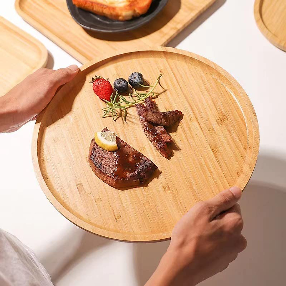 Round Bamboo Tray, Wood Plates, Wooden Serving Platter, Charcuterie Serving Board for Dinning / Coffee Table,13.8 inch