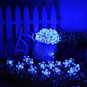 WONFAST Solar Flower Lights, Waterproof 23ft/7M 50LED Peach Blossom Flower Solar Fairy Decorative String Lights for Outdoor Garden Home Wedding Christmas Party Lighting Decorations (Blue Flower)