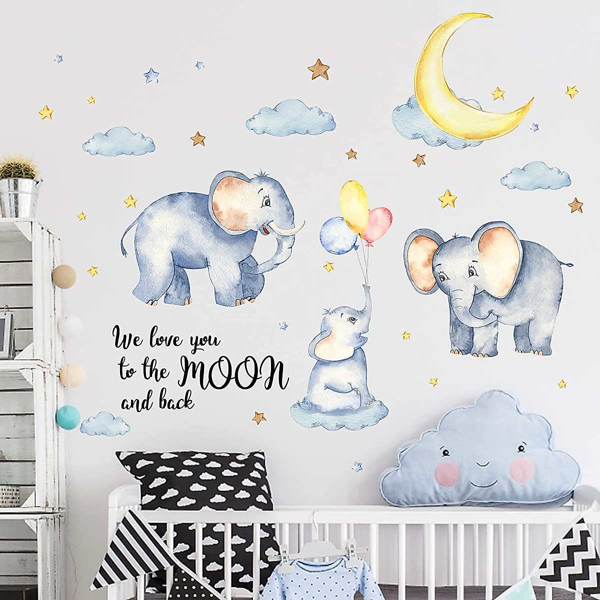 Elephant Wall Stickers for Baby Nursery Wall Decor, Elephant Nursery Wall Dacal Decor for Girls Baby Boy, We Love You to The Moon and Back Elephant Decor for Baby Room Kids Bedroom Playroom Art Gift