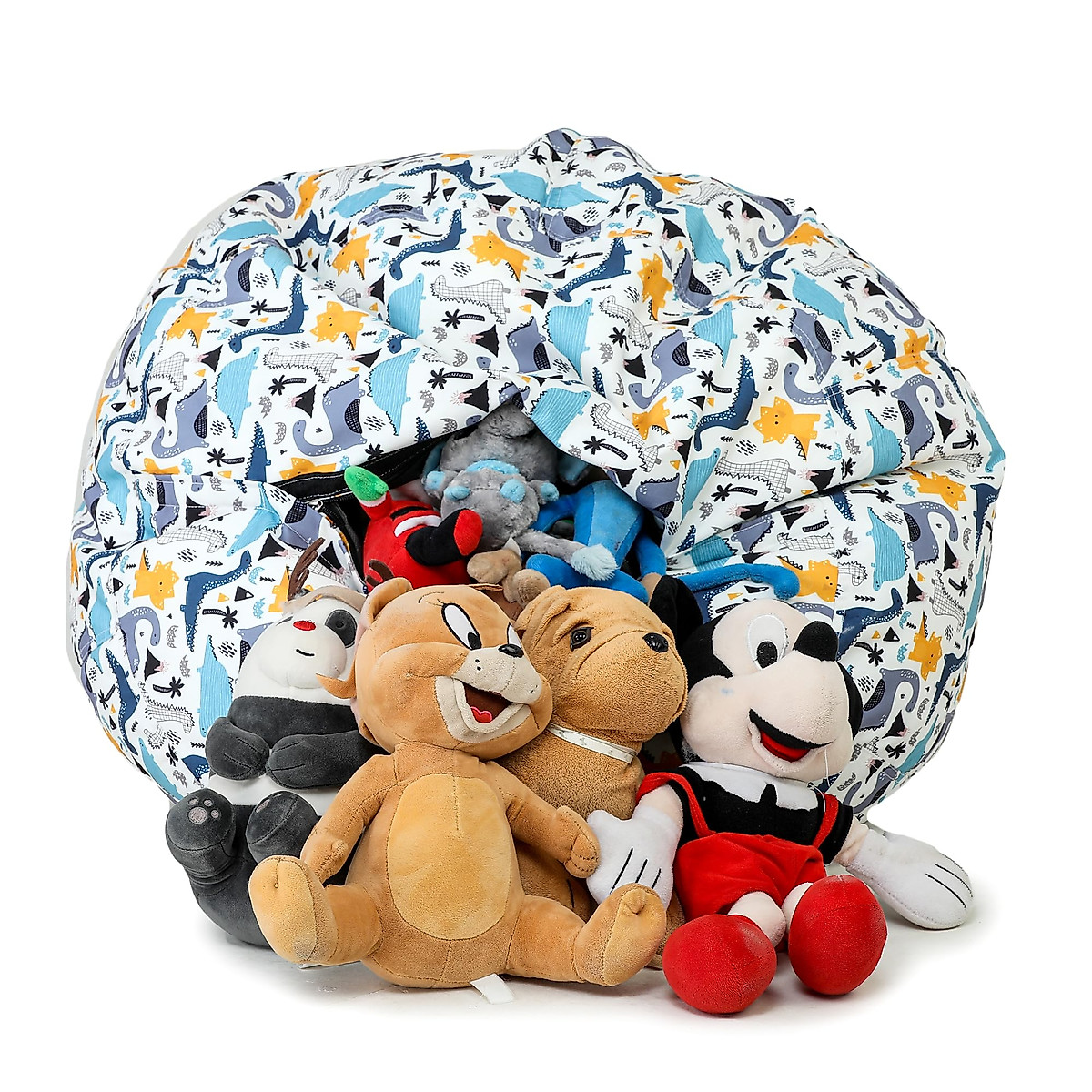 SATTVA Stuffed Animal Storage Bean Bag Chair for Kids, Zipper Storage Bean Bag for Organizing Stuffed Animals, Dinosaur Bean Bag Chair Cover, (No Beans)_White Dino Print