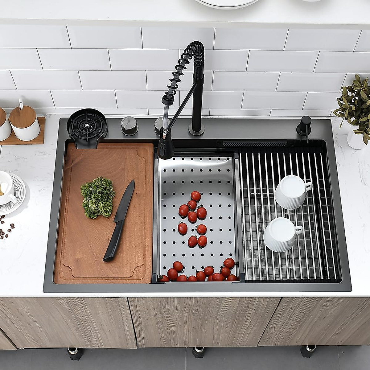 WMXQX 33 Inch Black Waterfall Kitchen Sink with Faucet Combo, 33x22 Waterfall Drop In Kitchen Sink Workstation 16 Gauge Stainless Steel Smart Double Waterfall Sink Single Bowl Kitchen Sink with Faucet