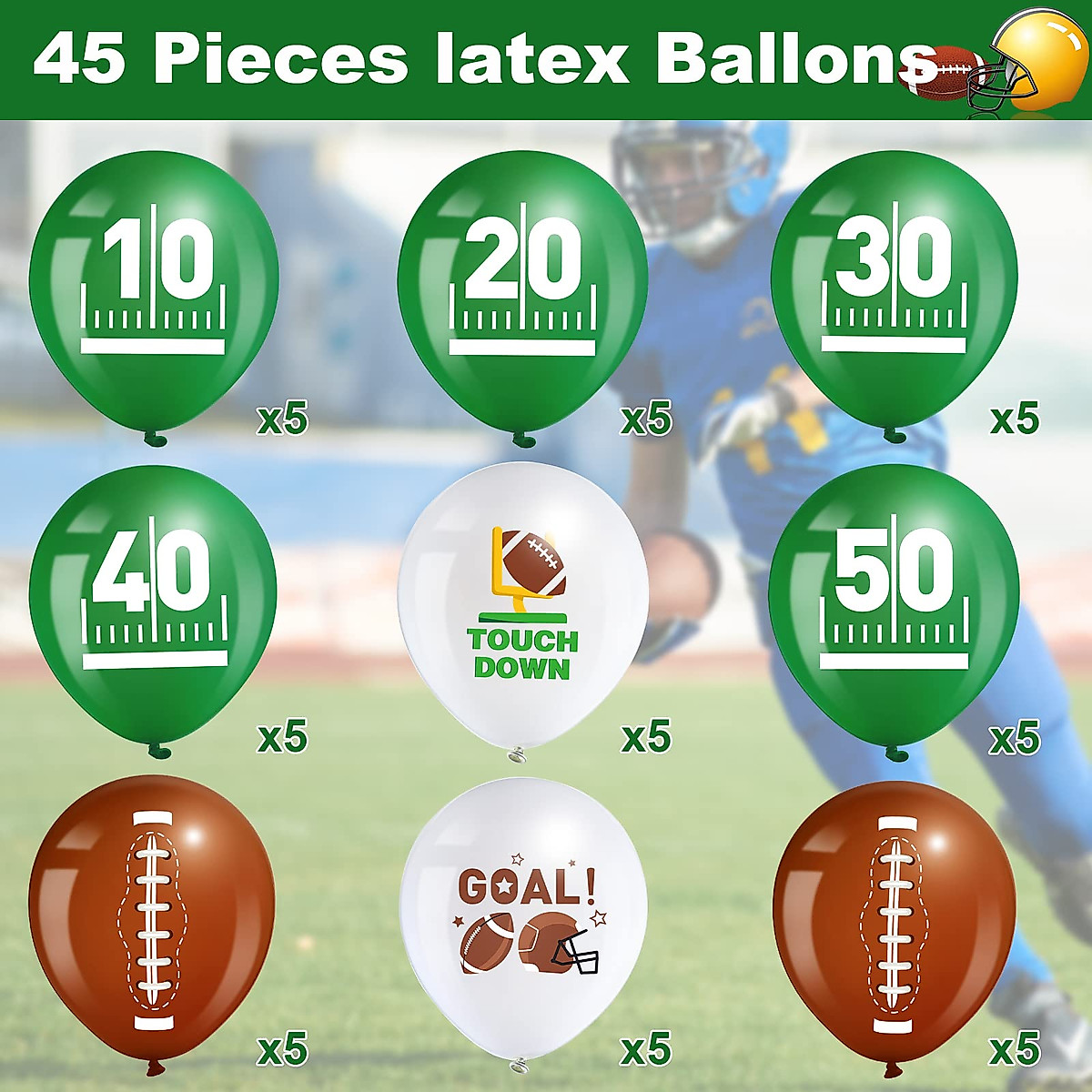 45 Pieces Football Balloons Sport Latex Balloons Football Party Balloons Touch Down White Green Brown Balloons for Game Sports Birthday Party Football Themed Decorations