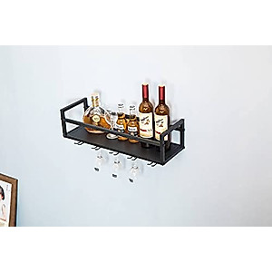 Fhesap Wall Mounted Wine Rack, Hanging Wine Rack, Wine Glass Rack Holds Wine Bottles and 5 Stemware Glass Holder, Metal Wine Storage Rack for Home Kitchen, Dining Room, Bar Décor, Black