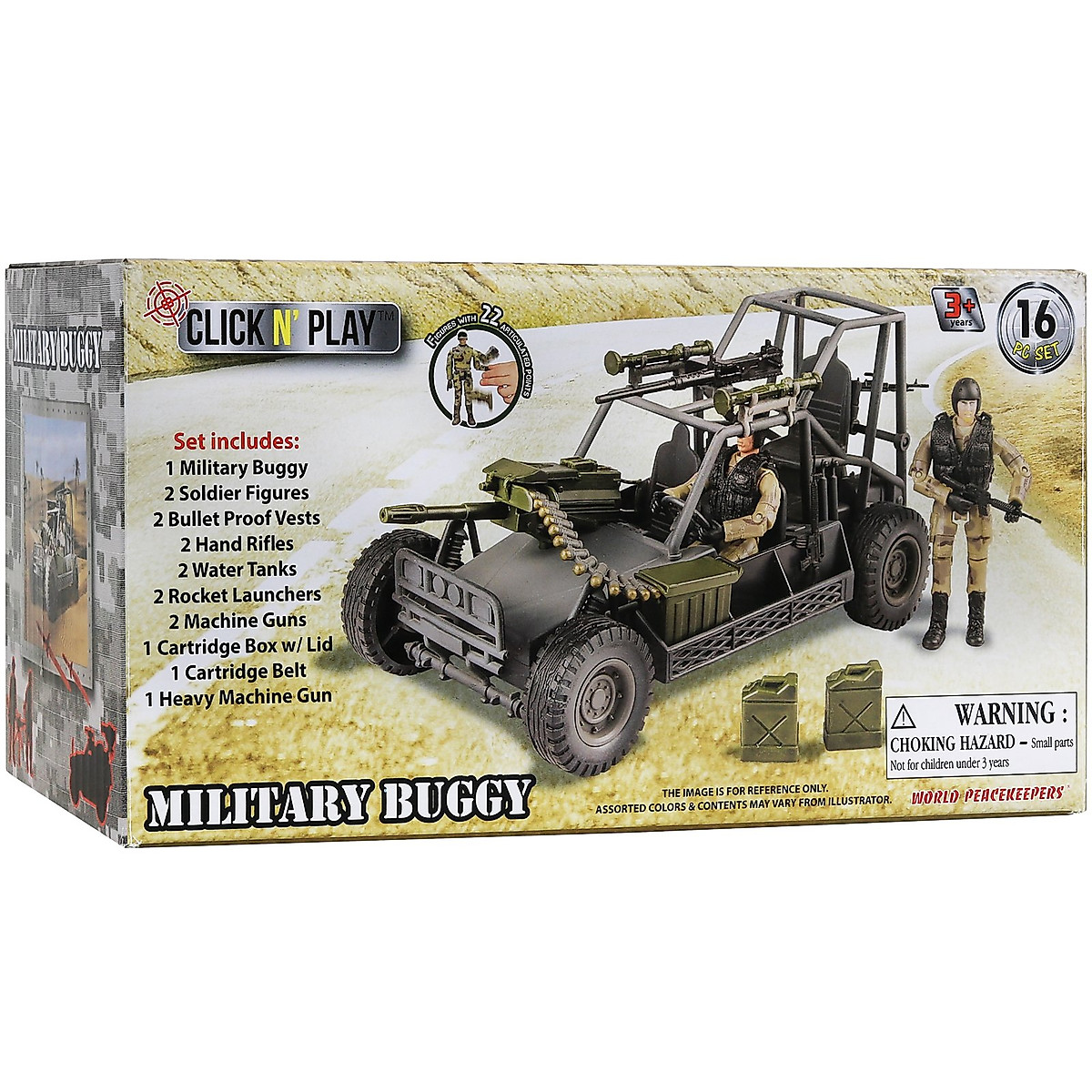 Click N' Play Military Desert Patrol Vehicle (DPV) Buggy, 16 Piece Action Figure Play Set with Accessories Including Army Gear & Military Buggy, Playset for Boys 3+ , White,Grey/Green