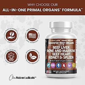 Clean Nutraceuticals Grass Fed Beef Liver Capsules - Premium Quality Supplement Packed with Desiccated, Beef Heart, Beef Spleen, Beef Pancreas Plus Bone & Marrow Dao Enzyme Pills