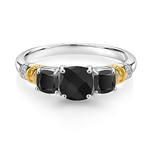 Gem Stone King 925 Silver and 10K Yellow Gold Black Onyx and Diamond 3-Stone Ring For Women (1.51 Cttw, Gemstone December Birthstone, Cushion Checkerboard 6MM and 4MM, Size 8)