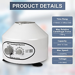 NORJIN Electric Lab Laboratory Centrifuge Machine with Speed Control and Timer, Lab Benchtop Centrifuges AC 110V Capacity 6 x 20ml Max 4000 RPM