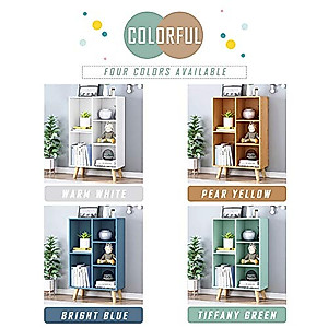 IOTXY Wooden Open Shelf Bookcase - 3-Tier Floor Standing Display Cabinet Rack with Legs, 5 Cubes Bookshelf, Warm White