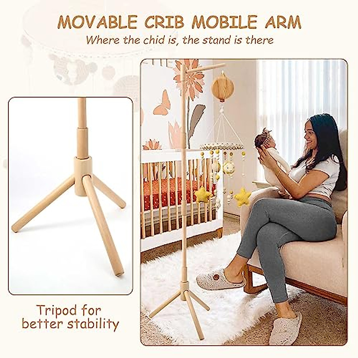 Floor Standing Mobile Arm for Crib with Music Box, Crib Mobile Motor - Volume Control, 9 Lullabies, 57.8 Inch Baby Crib Mobile Arm - 100% Beech Wood, Anti-Dumping - Baby Mobile Stand for DIY Mobile