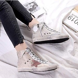 SATUKI Women's Distressed Design Lace up Star Glitter Shoes High Top Fashion Flat Sneakers (Gold, numeric_8)