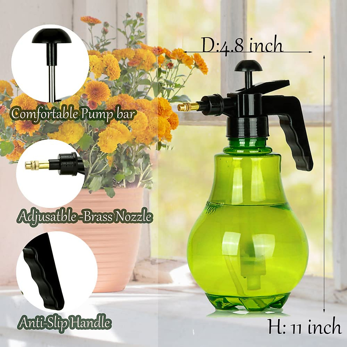 Handheld Garden Pump Sprayer,2 Pack Lawn & Garden Pressure Water Mister Spray 0.4 Gallon Bottle with Adjustable Brass Nozzle, Clear Green Hand Pressure Pump Sprayer Bottles for Plants (1.5L Green)