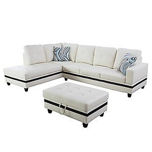 NOTOP 3-Piece Faux Leather L-Shaped Sectional Sofas, Button Tufted Upholstered Couch Set with Left Chaise Longue and Storage Ottoman, for Living Room, Home, Office, White Black