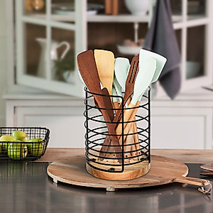 Utensil Holder for Kitchen Counter, Black Wire Kitchen Utensil Holder with Acacia Wooden Base, Large Countertop Utensil Holder Cooking Utensil Holder, Wire Kitchen Utensil Organizer for Countertop