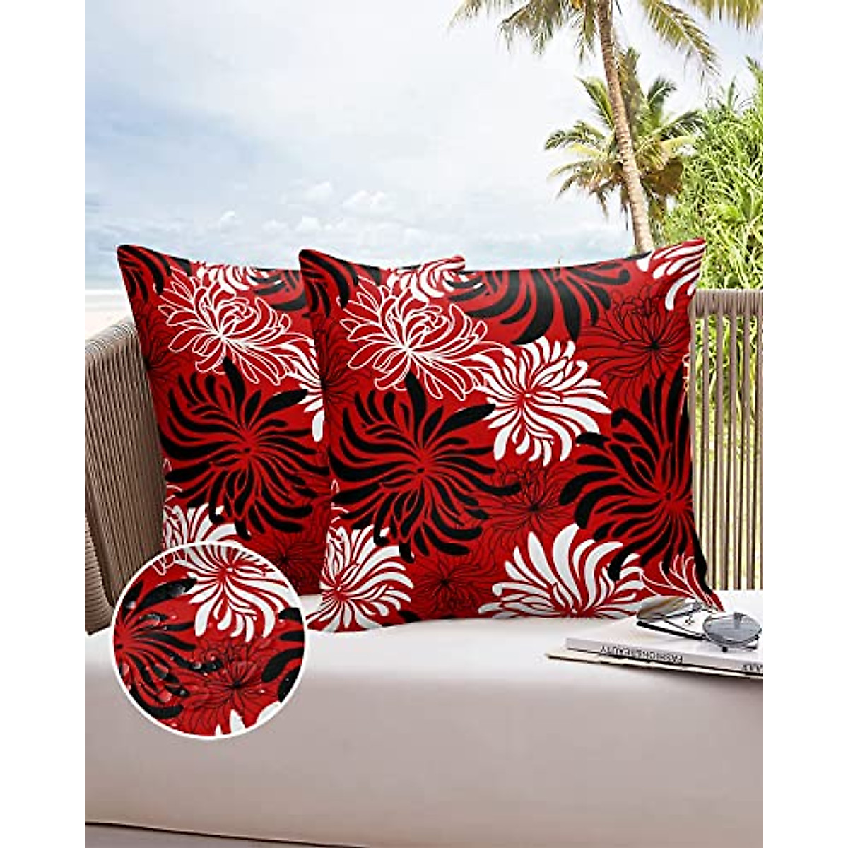 Brawvy Pillow Covers 16x16 inch Outdoor Decorative Waterproof Pillow Covers Spring Flower Red and Black Chrysanthemum Throw Pillowcase Shell for Patio Tent Couch Set of 2