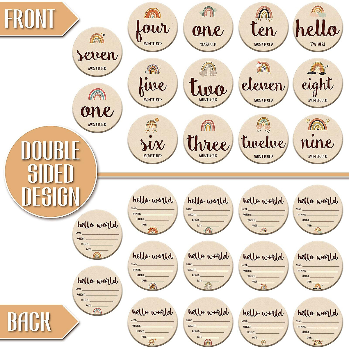 Yalikop 14 Pcs Wooden Baby Milestone Discs Cards Double Sided Baby Monthly Milestone Blocks Picture Props for Newborn Gift Pregnancy Birth Announcement Sign Month Baby Milestone Card with Storage Bag